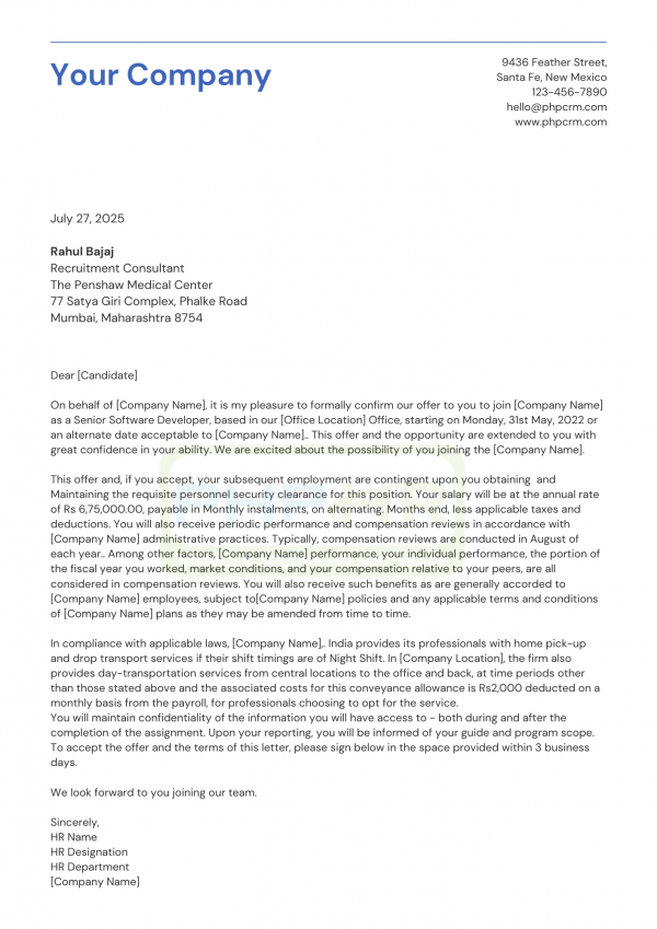 Offer Letter, Employee Offer Letter Sample, Download Free Offer Letter